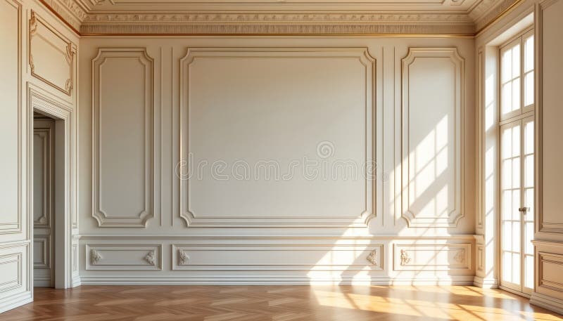 Elegant Empty Interior with Classic Wall Panelling. Sunlight Streams in ...