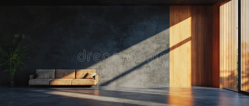 Elegant Empty Living Room with Vacant Sofa and Warm Sunlight Streaming ...