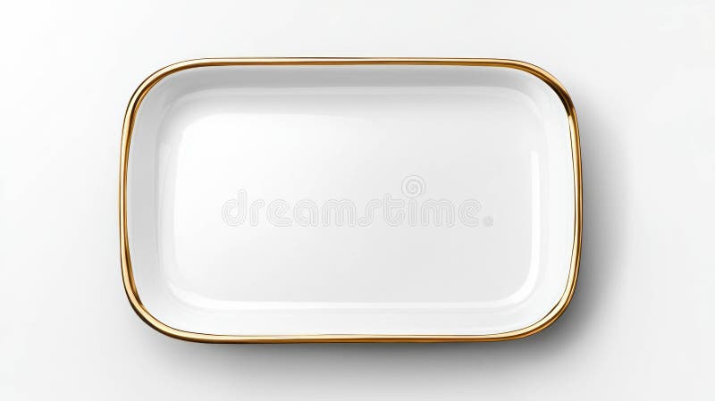 Elegant Empty Rectangular Porcelain Dish with Gold Trim for Sophisticated Table Settings Stock ...