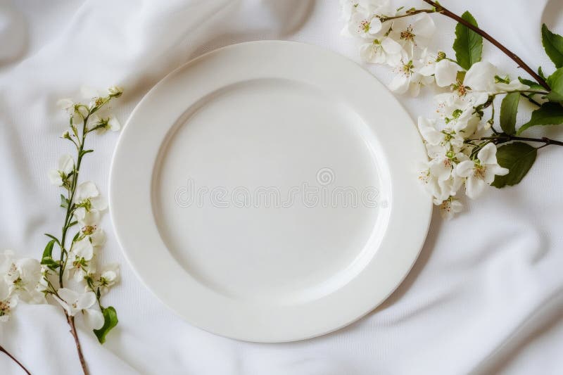 Elegant Empty White Plate with Spring Flowers Stock Illustration ...