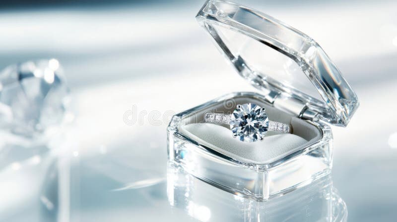 Elegant Engagement Ring Displayed in Crystal Box on Shiny Surface Stock ...