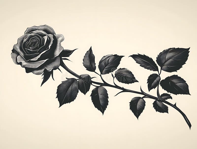 Elegant Engraved Rose Illustration with Detailed Leaves and Stem on ...
