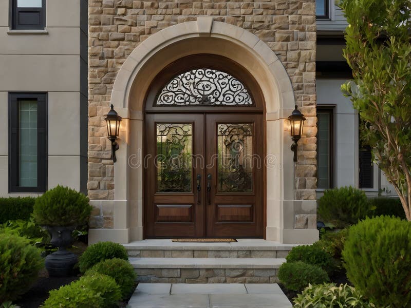 Elegant Entrance Featuring Ornate Wooden Doors and Decorative Stonework ...