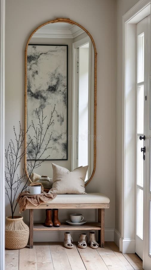 Elegant Entryway with Large Mirror, Wooden Bench, and Minimalist Decor ...