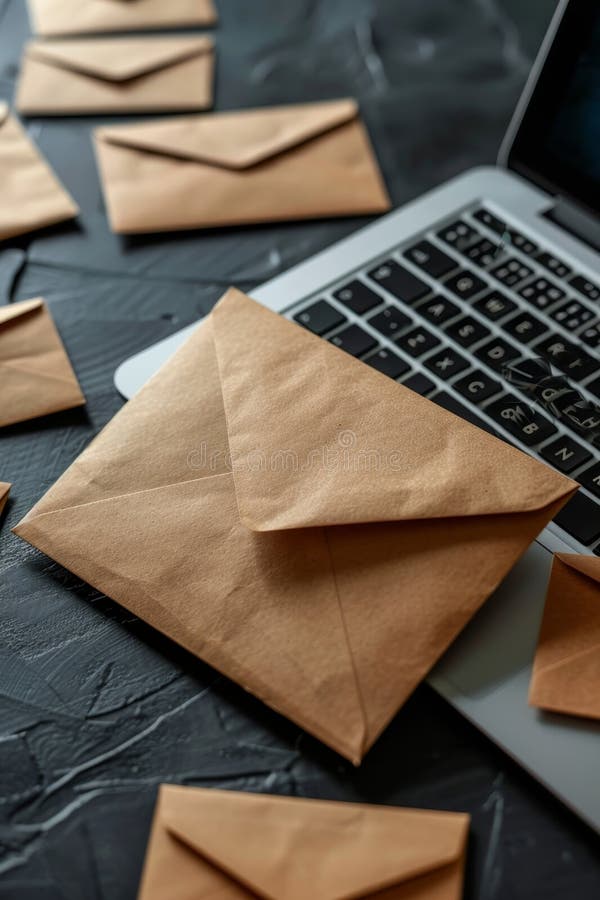 Elegant Envelope on Laptop Keyboard with Trail of Smaller Envelopes ...