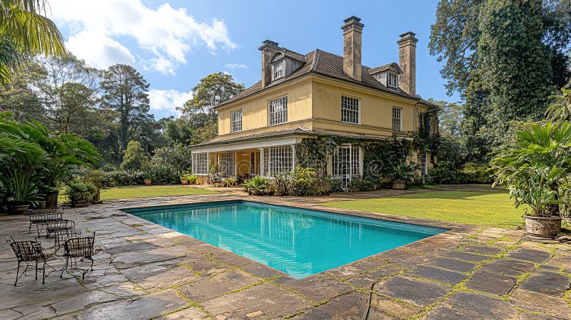 Elegant Estate Home with Pool and Manicured Grounds Stock Illustration ...