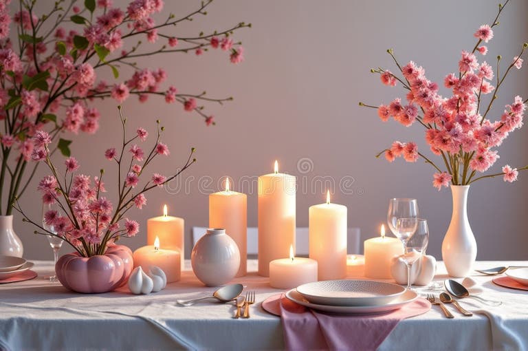 Elegant Evening Table Setting with Cherry Blossoms and Candlelight ...