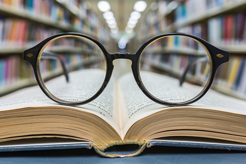 Elegant Eyeglasses beside a Book with a Bookshelf Backdrop for a ...