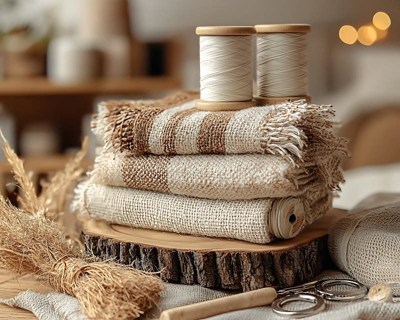 Elegant Fabric Swatches Displayed with Thread Spools and Sewing Tools ...