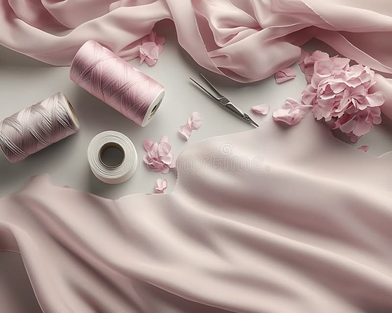 Elegant Fabric Swatches Displayed Alongside Thread Spools and Sewing ...