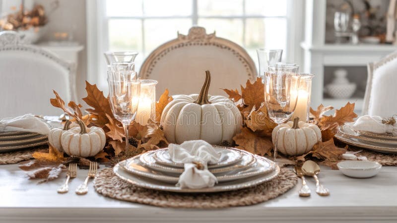 Elegant Fall Dining Table with Pumpkins and Leaves Created with an AI ...