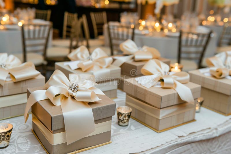 Elegant Favor Boxes with Bows Set on a Wedding Reception Table Stock ...