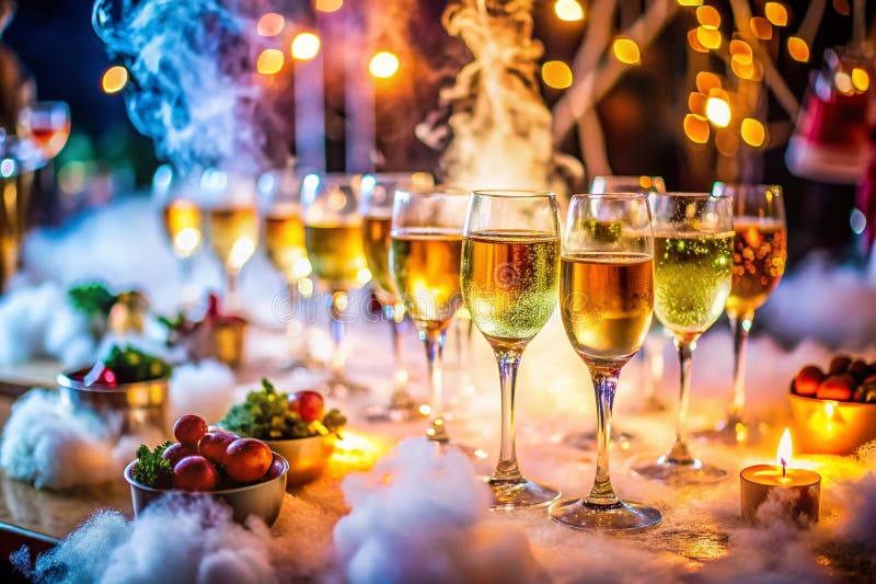 Elegant Festive Buffet Table with Champagne Dry Ice and Sparkling ...