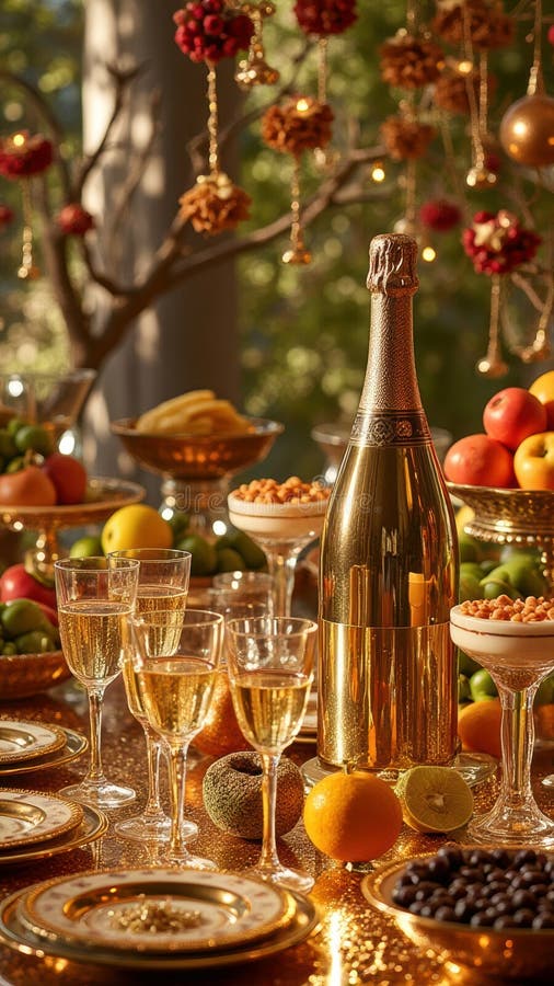 Elegant Festive Table with Champagne and Fruits Displayed for ...