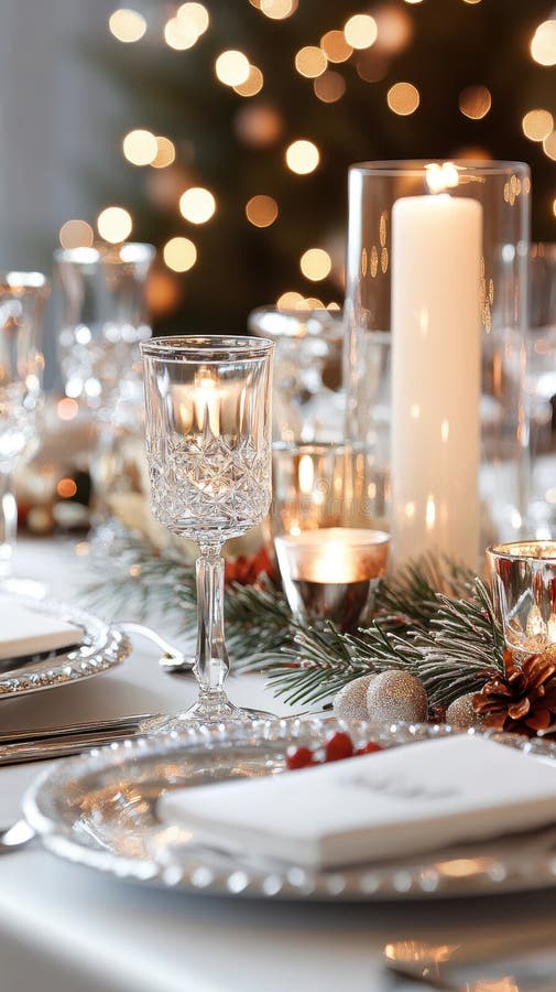 Elegant Festive Table Setting with Crystal Glassware and Candlelight ...