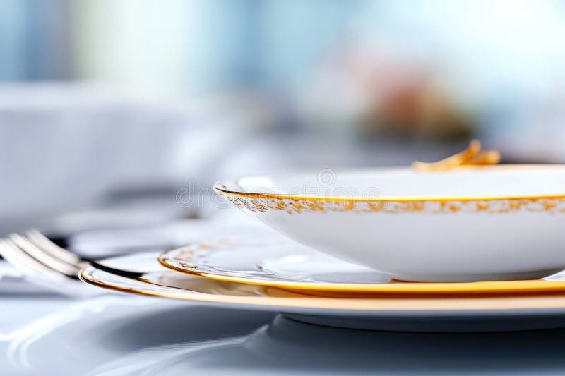 Elegant Fine China Dining Set with Gold Trim on Table Stock Photo ...