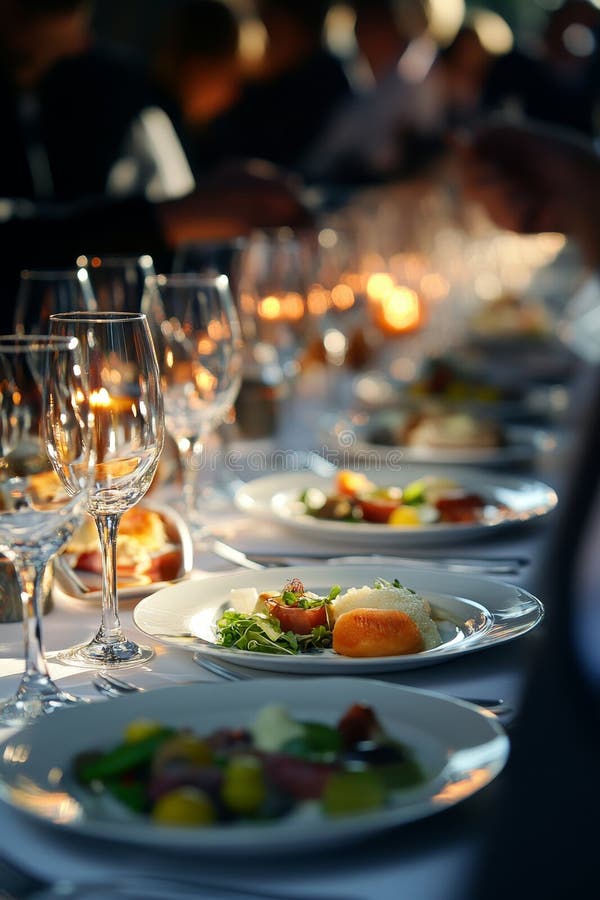 Elegant Fine Dining Beautifully Plated Dishes on a Table Setting Bathed ...