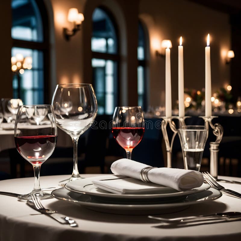 Elegant Fine Dining Table Set with White Plates, Silverware, Wine ...