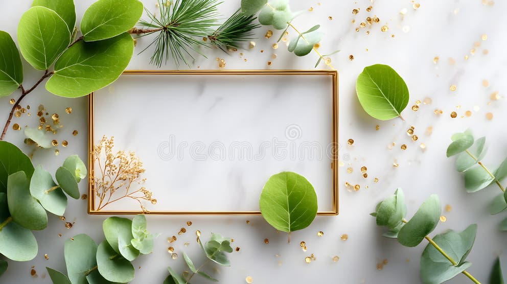 Elegant Flat Lay Composition Featuring a Golden Frame Surrounded by ...