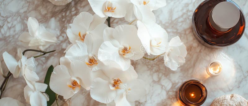 Elegant Flat Lay of White Orchids and Luxurious Perfume Bottles on ...