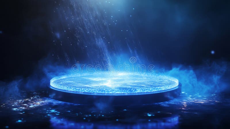 An Elegant, Floating Pedestal with a Holographic Surface and Soft Blue ...