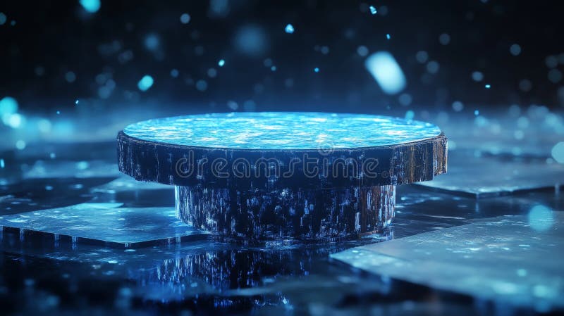 An Elegant, Floating Pedestal with a Holographic Surface and Soft Blue ...