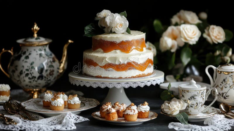 Elegant Floral Cake Display with Tea Set and Cupcakes Stock ...