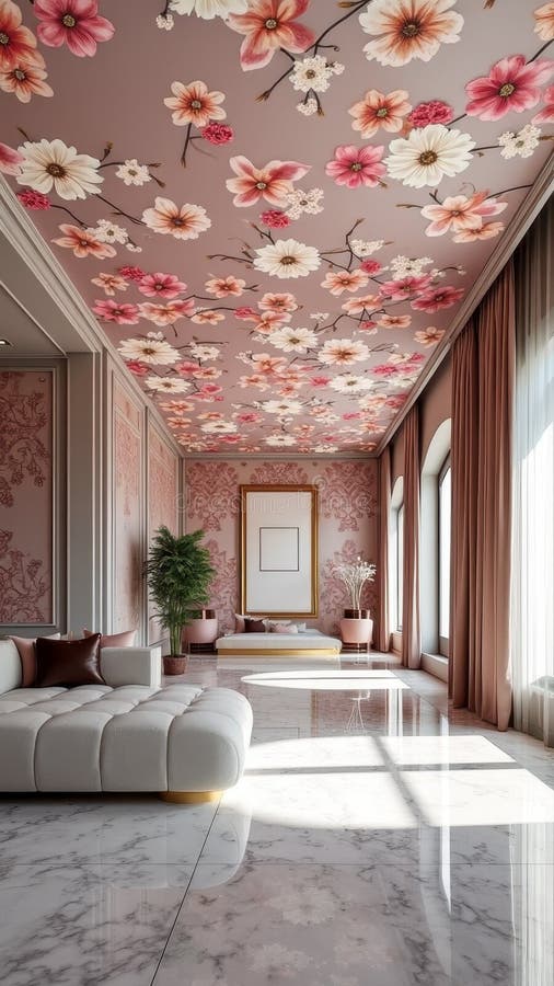 Elegant Floral Ceiling in Modern Living Room with Marble Flooring and ...