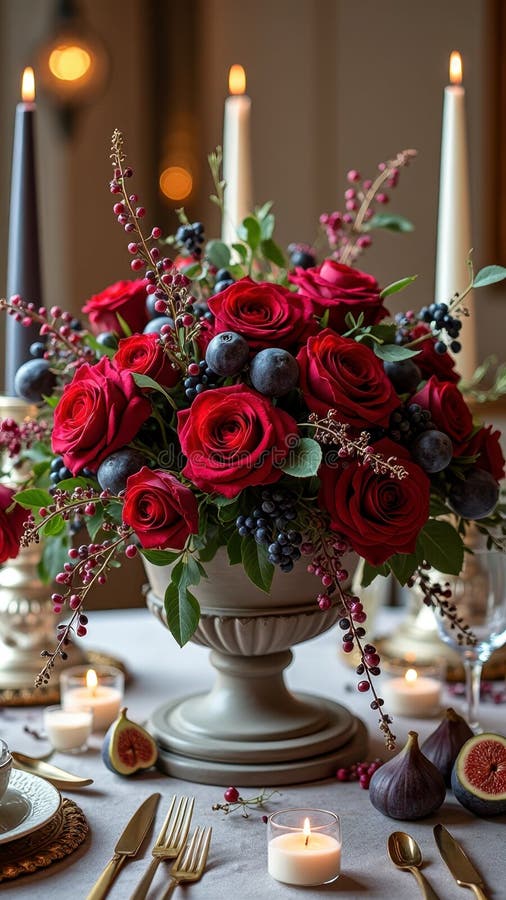 Elegant Floral Centerpiece with Red Roses and Berries on a Candlelit ...