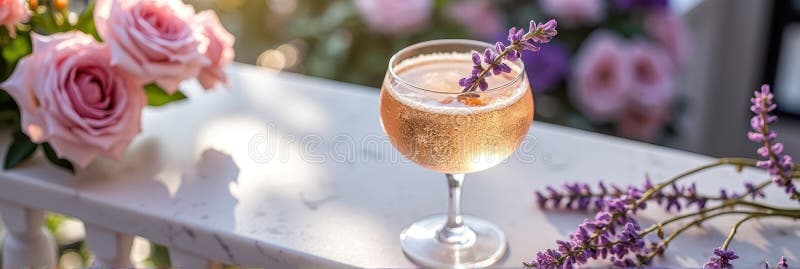 Elegant Floral Cocktail on Marble Table with Pink Roses and Lavender ...
