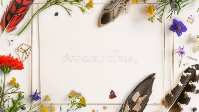 Elegant Floral and Feather Frame on White Background for Creative ...