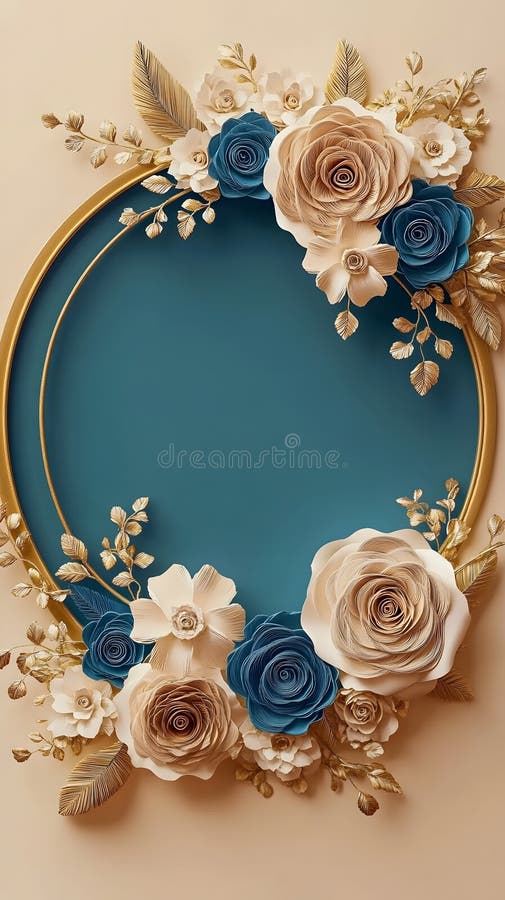 Elegant Floral Frame with Blue and Cream Roses on a Teal Background ...