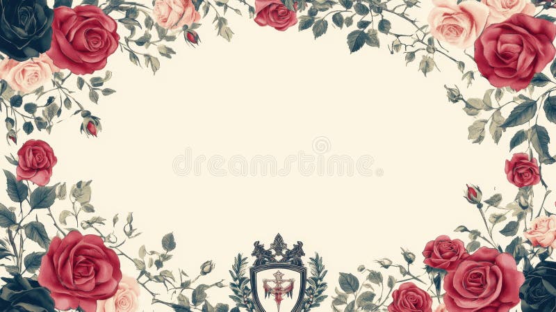 Elegant Floral Frame with Red Roses and Vintage Crest on White ...