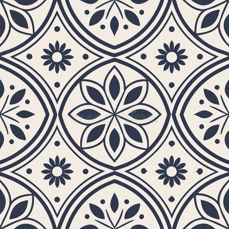 Elegant Floral Geometric Seamless Pattern in Classic Dark Blue and ...
