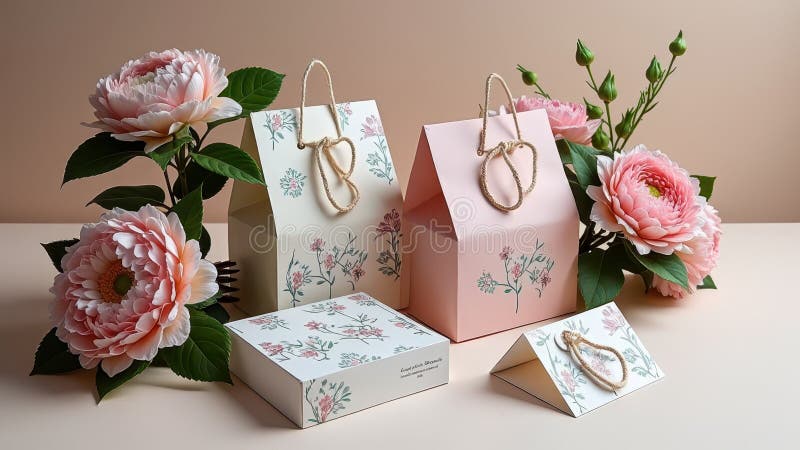 Elegant Floral Gift Boxes with Pink Peonies on Beige Background Stock ...