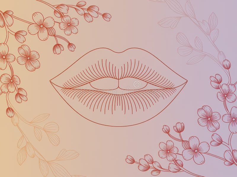 Elegant Floral Lip Line Art on Soft Gradient Background with Cherry ...