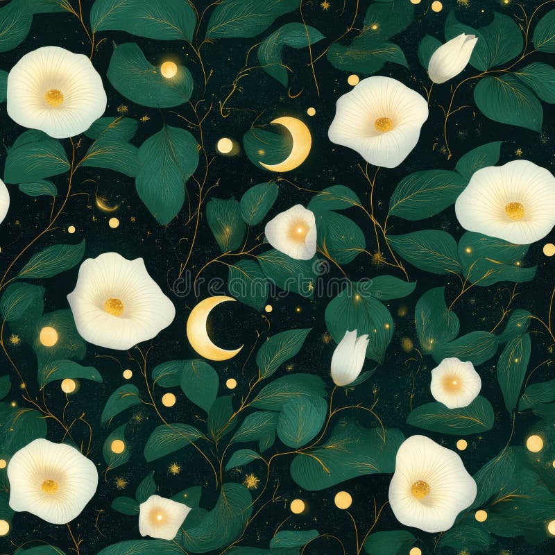 Elegant Floral and Moonlit Leaves Pattern on Dark Background. Stock ...
