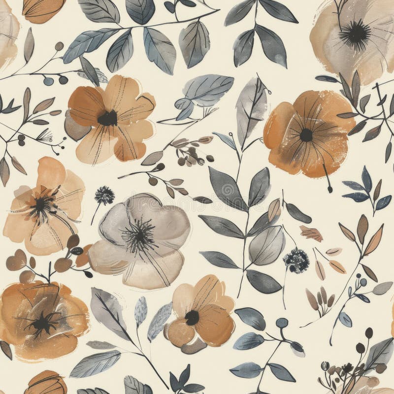 Elegant Floral Pattern with Autumn Hues and Delicate Foliage Stock ...