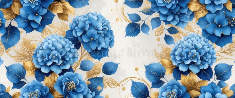 Elegant Floral Pattern with Blue Hydrangeas and Golden Leaves on a ...