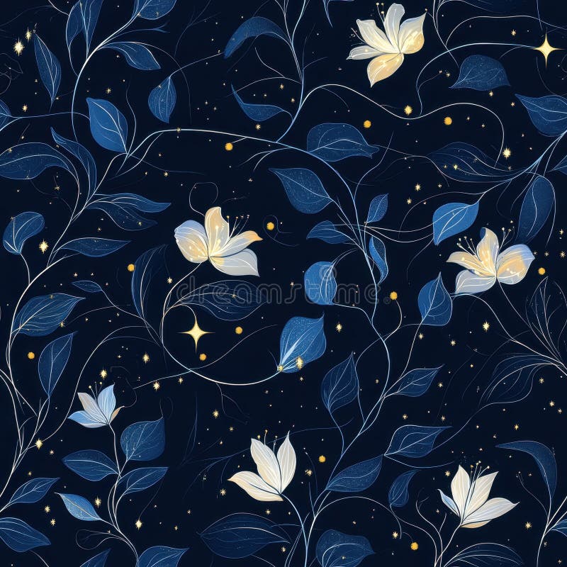 Elegant Floral Pattern with Blue Leaves and Glowing Flowers on Dark ...