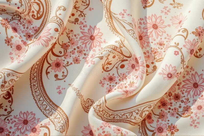 Elegant Floral Pattern on Cream Fabric with Brown and Pink Details ...