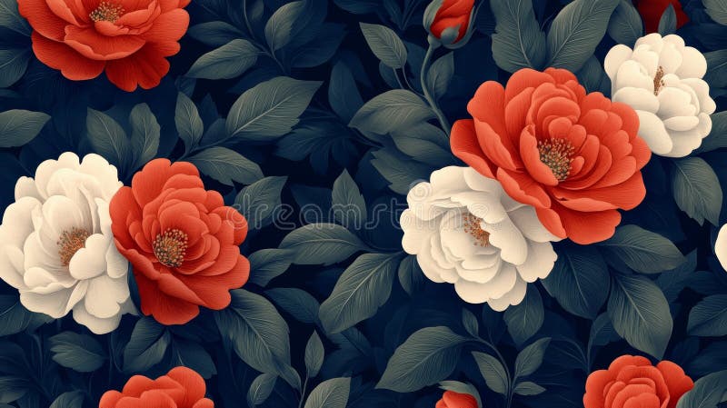 Elegant Floral Pattern with Red and White Blooms Stock Illustration - Illustration of flowers ...