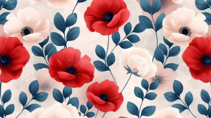Elegant Floral Pattern with Red and White Flowers Stock Illustration ...