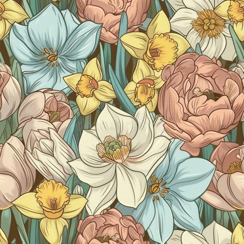 Elegant Floral Pattern with Spring Blooms and Botanical Illustration ...