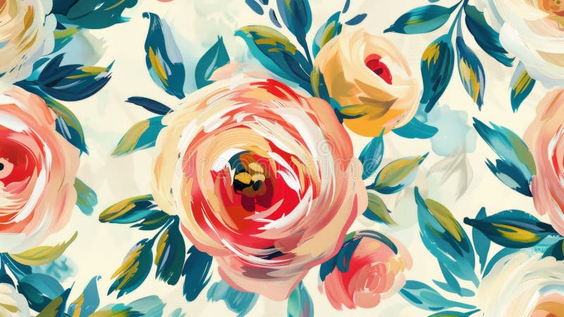 Elegant Floral Pattern with Stylized Roses and Leaves Design Stock ...