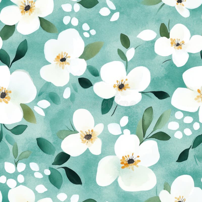 Elegant Floral Pattern with White Blossoms on Teal Background. Stock ...