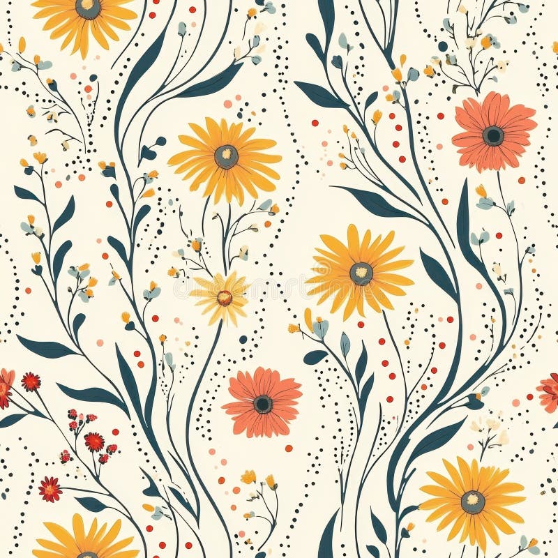 Elegant Floral Pattern with Yellow and Orange Blooms on Cream ...