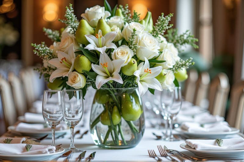 Elegant Floral and Pear Centerpiece at Formal Dining Event Stock Image ...