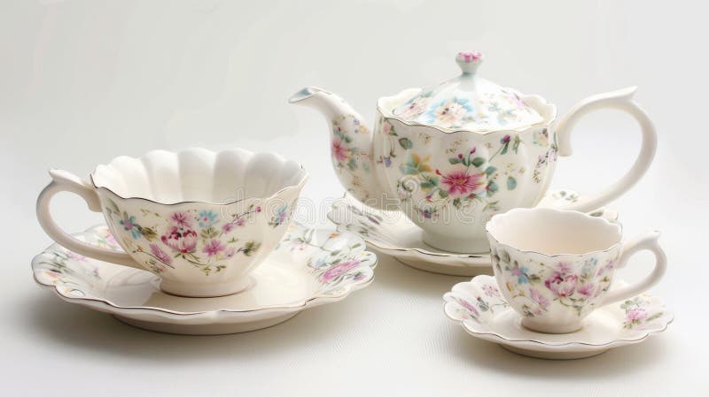 Elegant Floral Porcelain Tea Set on White Background Stock Illustration ...