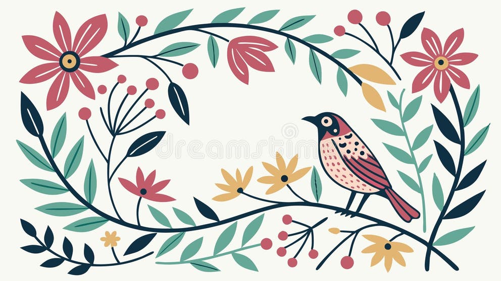 Elegant Floral Rectangular Frame with a Charming Bird. Vector Design ...